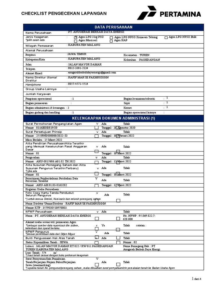 Checklist Pengecekan Lapangan Agen | PDF