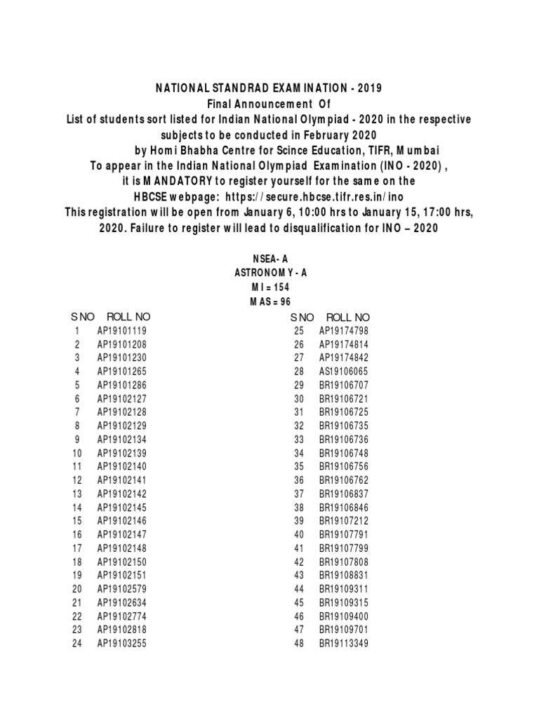INO 2020 Student Shortlist Announcement | PDF