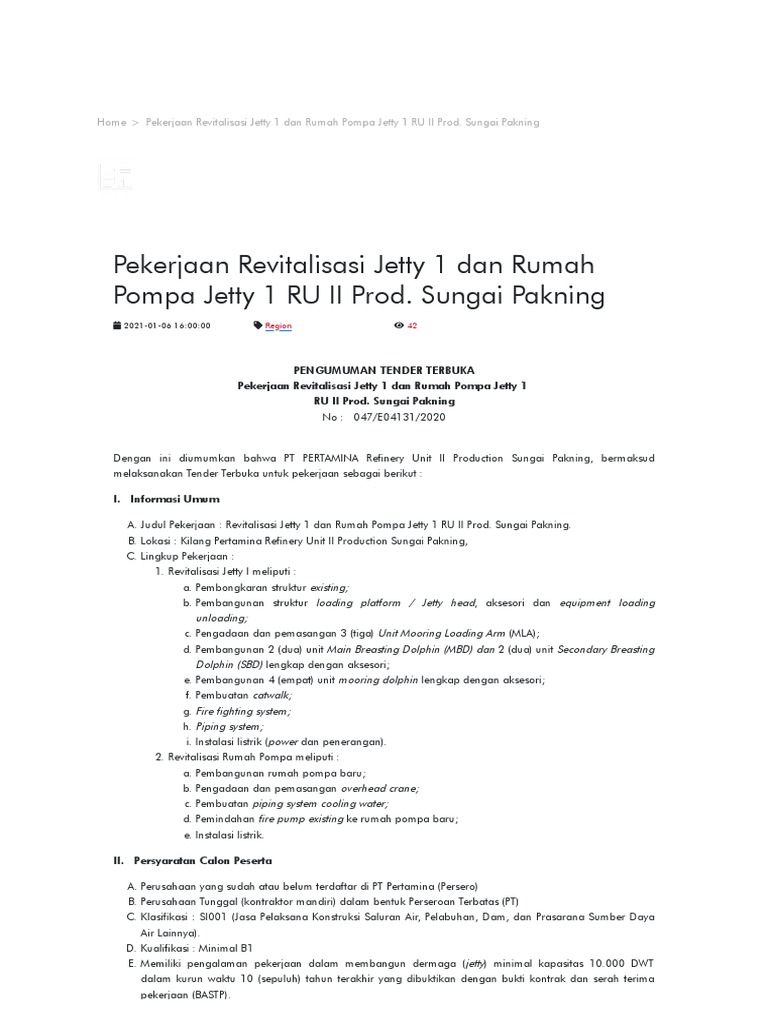 Tender Revitalisasi Jetty Pertamina | PDF