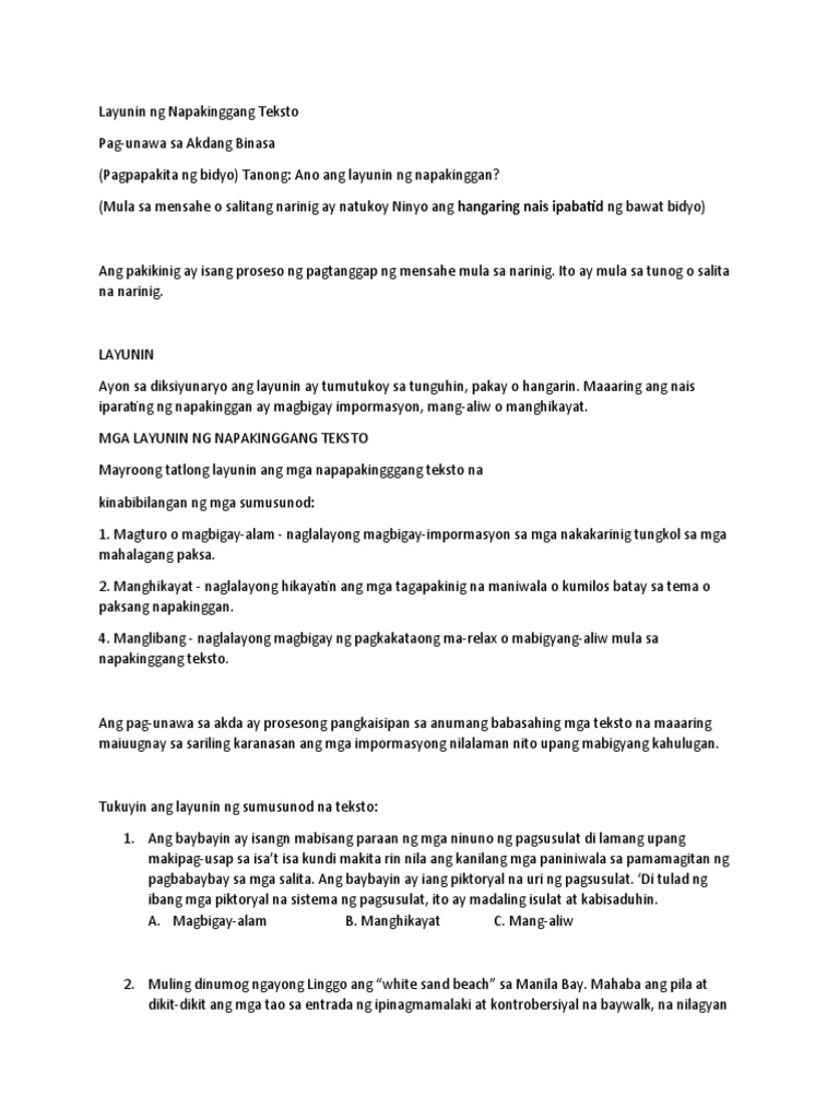 Layunin NG Napakinggang Teksto | PDF