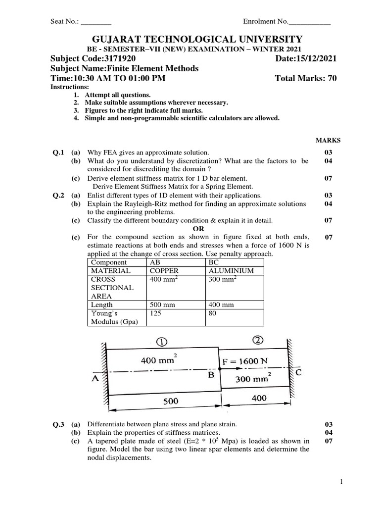 Finite Element Methods Exam Questions on 1D and 2D Elements, Discretization, Stiffness Matrices ...