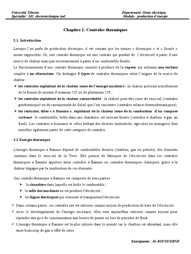 Chapitre 2. Centrales Thermiques | PDF