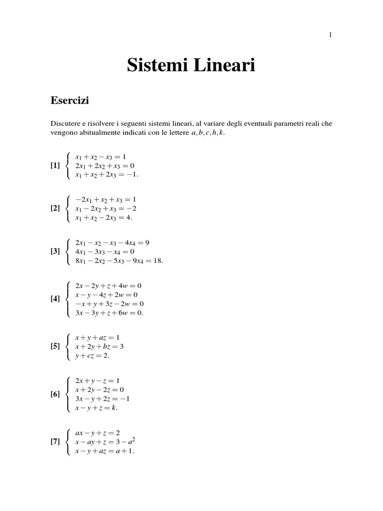 Foglio Esercizi N. 1 (Sistemi Lineari) | PDF