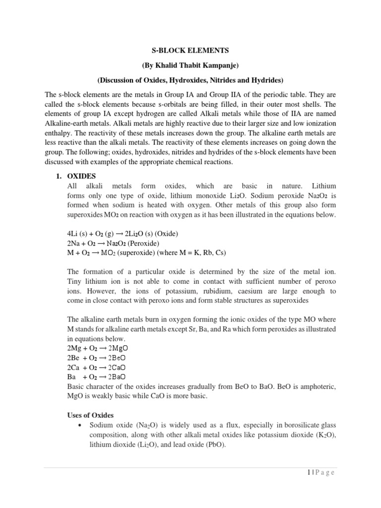 S Block Elements | PDF | Hydroxide | Oxide