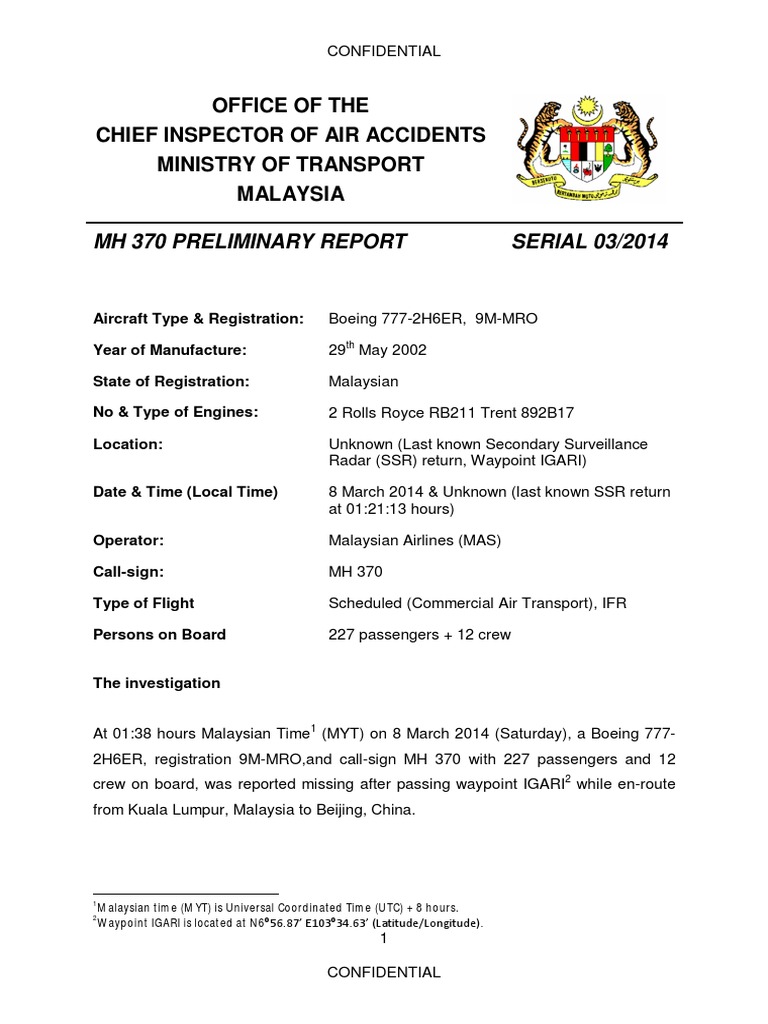 MH370 - Preliminary Report | PDF