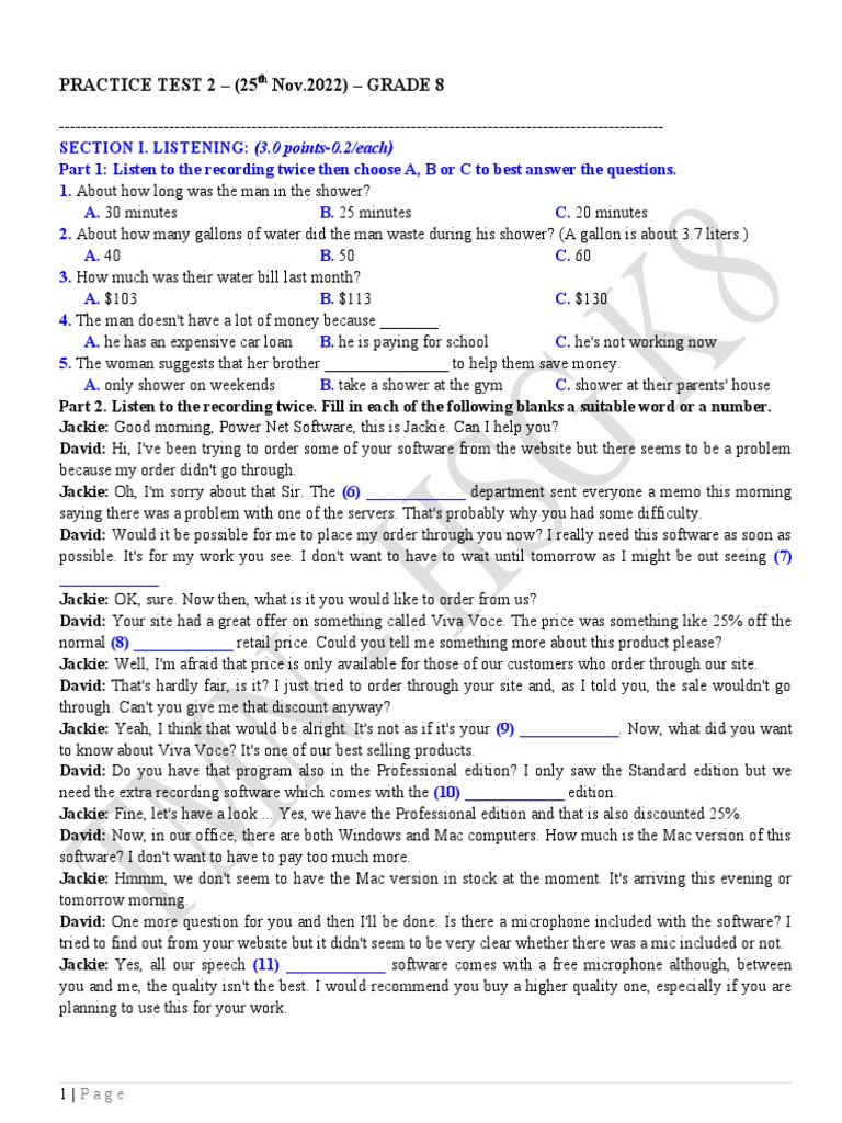 Grade 8 Practice Test Listening & Grammar | PDF | Rail Transport ...