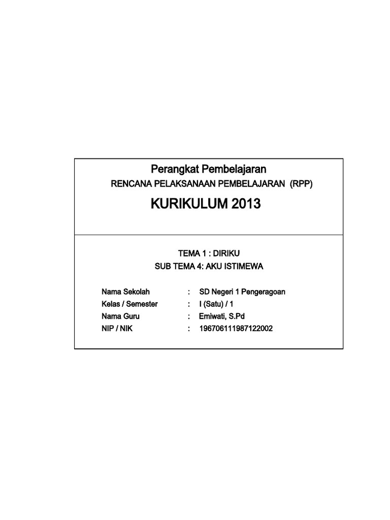 RPP Tema Diriku: Aku Istimewa SD 1 | PDF | Seni & Disiplin Bahasa