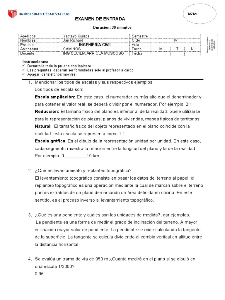 Perfil Topográfico Zona Sur: Examen IV | PDF | Topografía | Pendiente