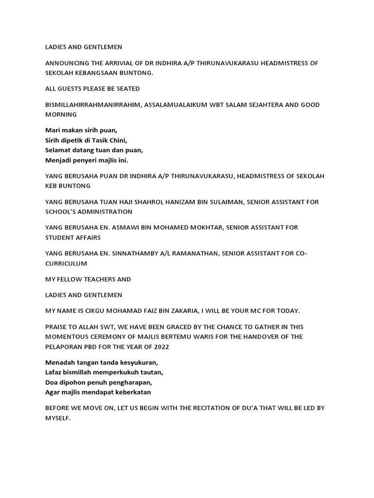 Teks Emcee Jumaat Majlis Bertemu Waris English | PDF