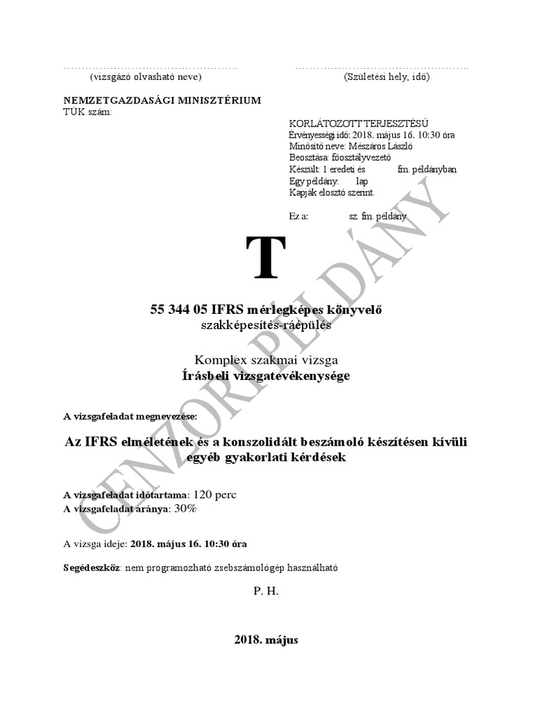 2018 - 05 - 16 - T - Komplex - Írásbeli - IFRS Vizsga | PDF