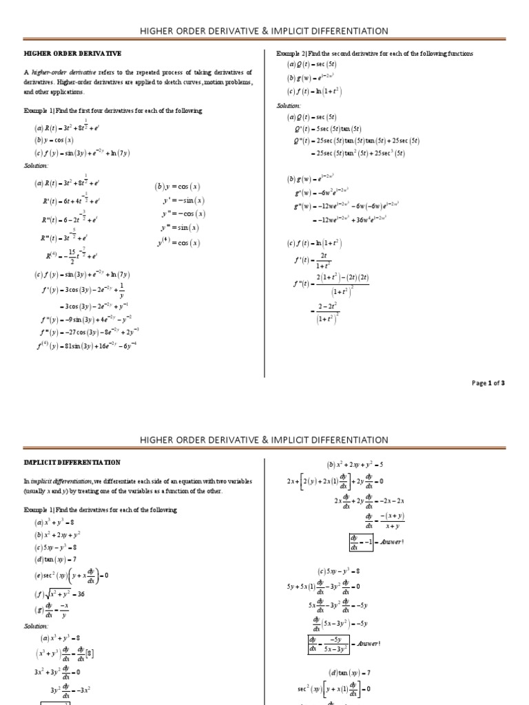 CH3 - Higher Order Derivatives and & Implicit Differentiation | PDF | Derivative | Subtraction