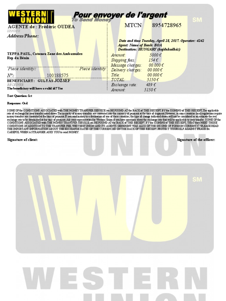 Bordereau Western Union | PDF