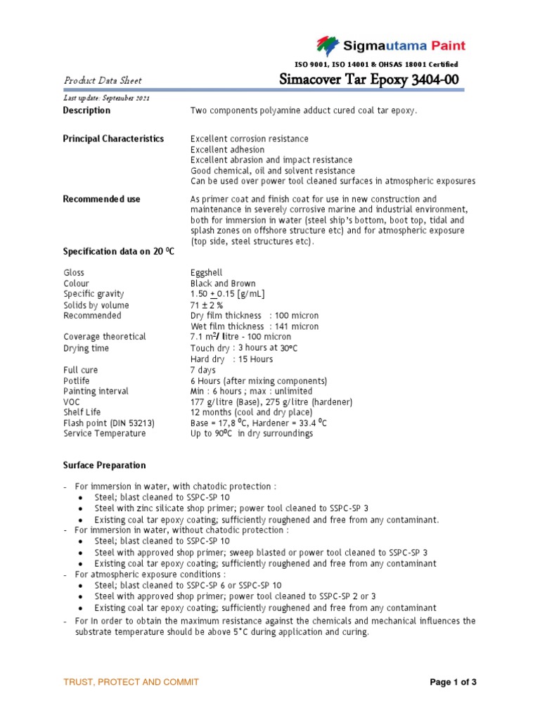 Simacover Tar Epoxy 3404-00 Data Sheet | PDF | Epoxy | Paint