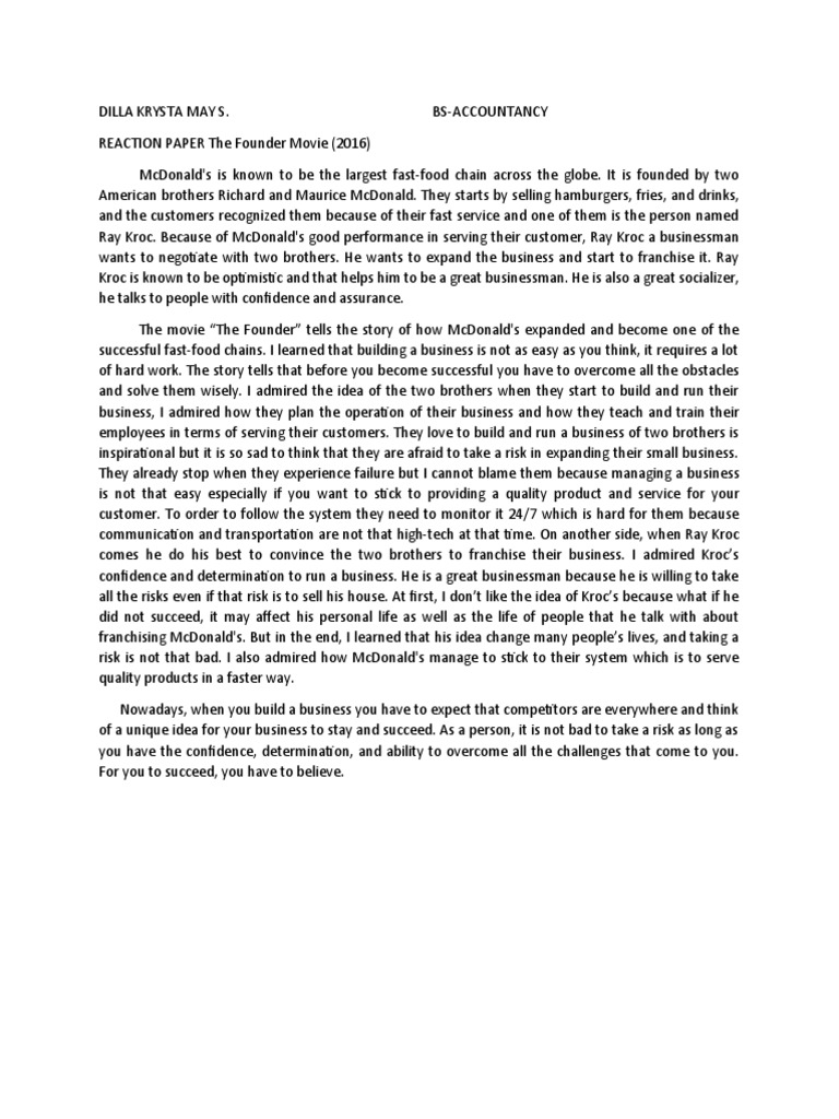 The Founder Movie Reaction Paper | PDF | Fast Food Restaurants | Mc ...