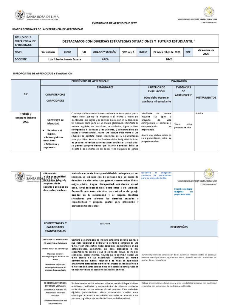 EXPERIENCIA DE APRENDIZAJE 5to DPCC | PDF | Aprendizaje | Evaluación