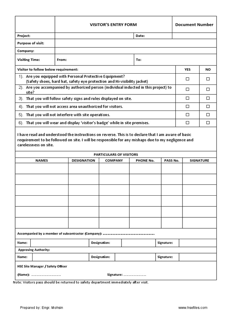 Visitor Entry Form Safety Instructions | PDF | Safety | Occupational ...