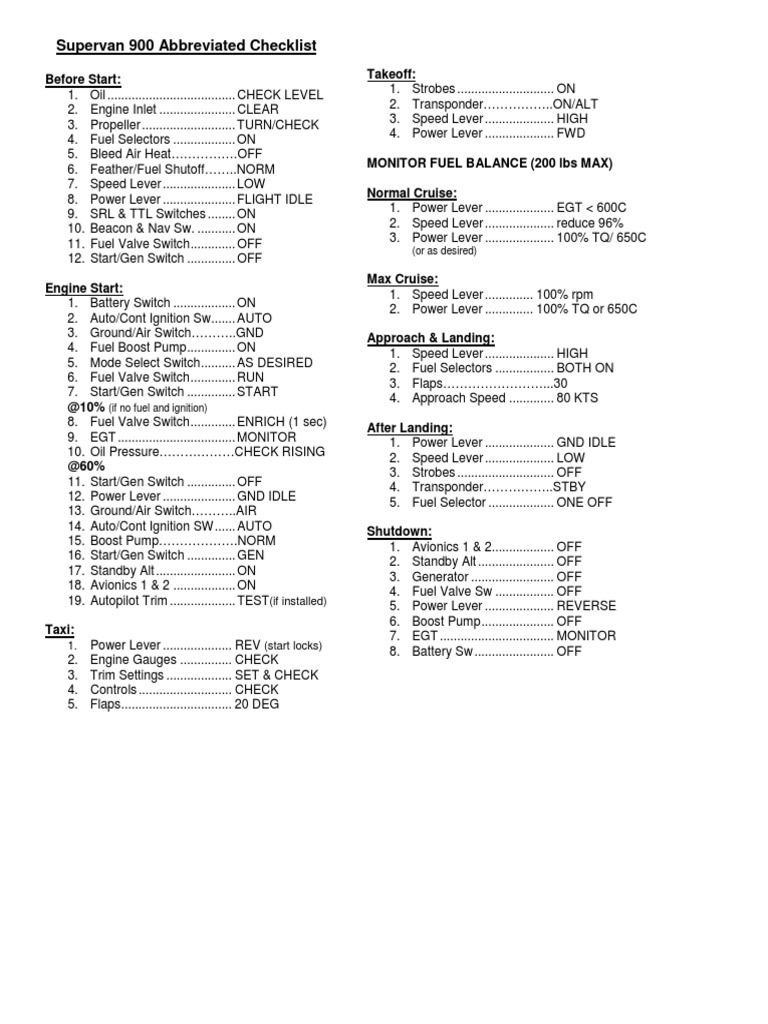 Abbreviated Checklist 2018 | PDF | Aircraft | Propulsion