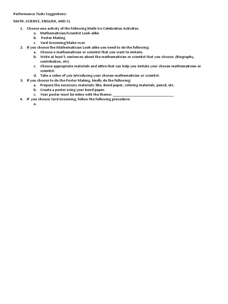 Performance Tasks Suggestions | PDF