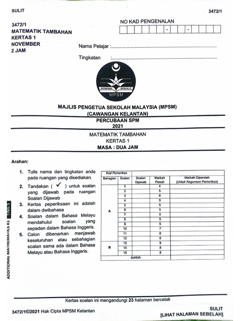 Trial Addmath Kelantan Spm2021 Pdf