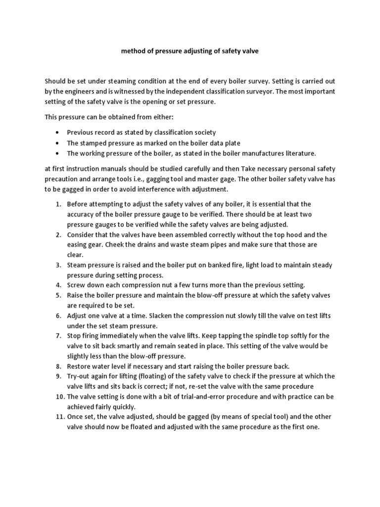 Method of Pressure Adjusting of Safety Valve | PDF