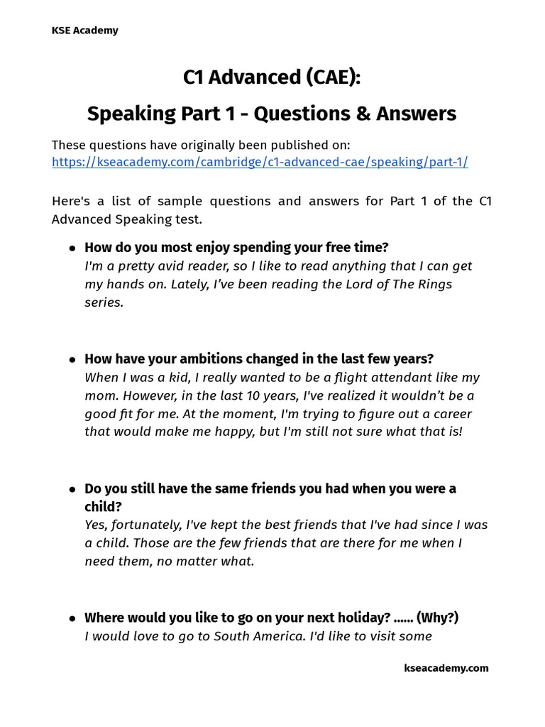 C1 Advanced CAE Speaking Part 1 Questions and Answers | PDF
