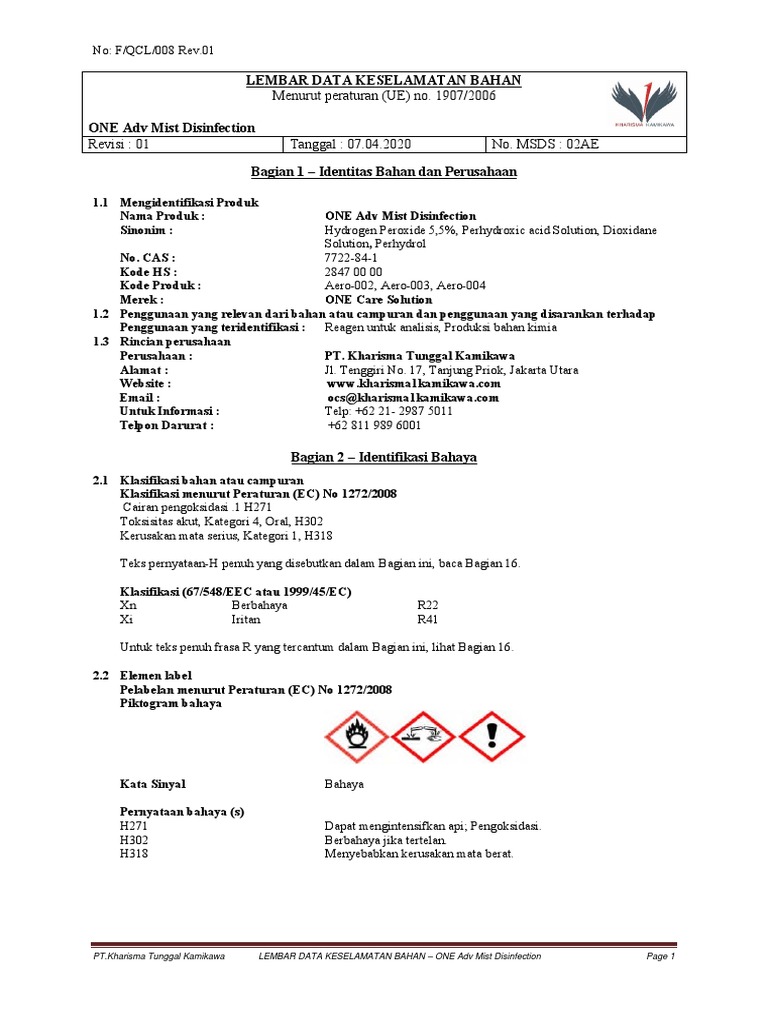 MSDS ONE Adv Mist Disinfection | PDF