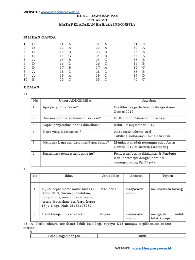 Jawaban Dan Pedoman Penilaian PAS B.Indo Kelas 8 K13 - WEBSITE WWW - Kherysuryawan.id - Docx-1 | PDF