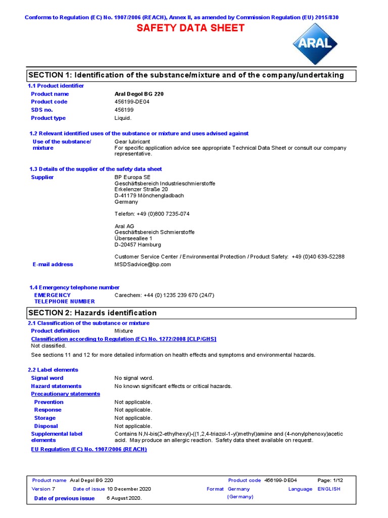 Aral Degol BG 220 Safety Data Sheet | PDF | Dangerous Goods | Personal ...