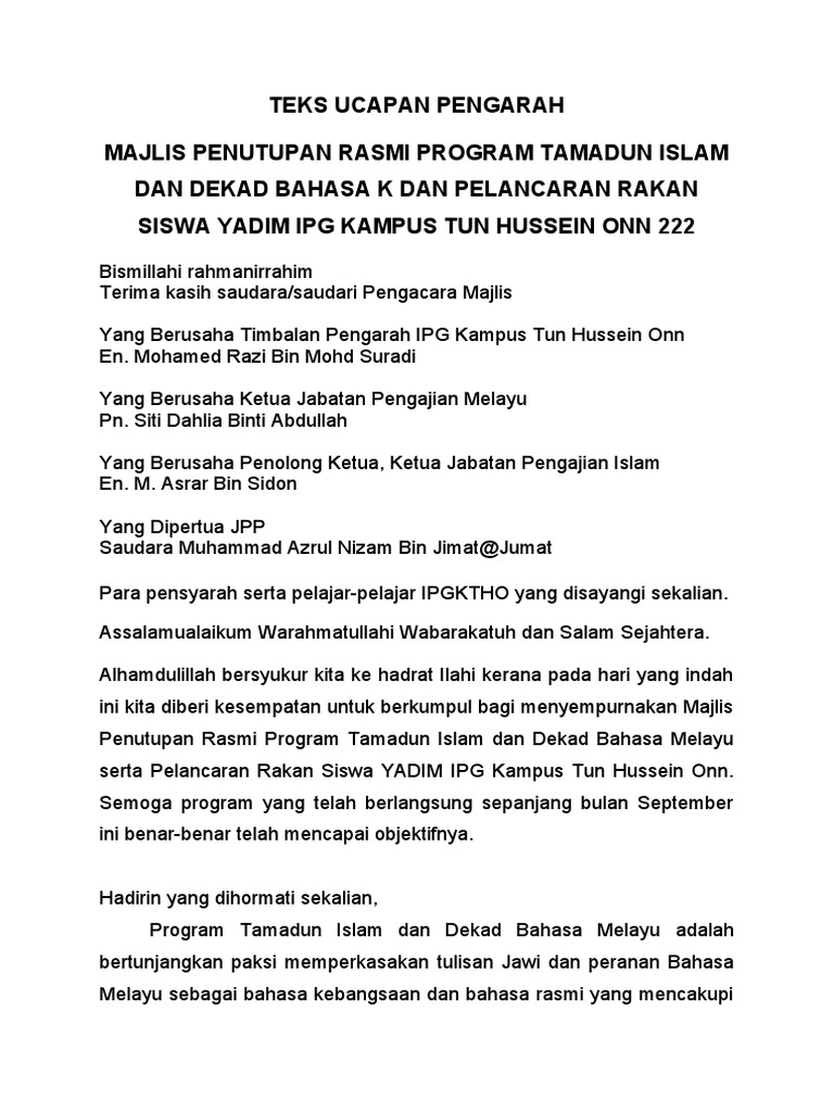 Teks Ucapan Pengarah Majlis Perasmian Penutupan Tidbm | PDF