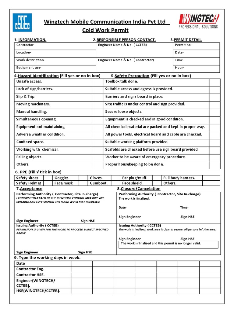 Cold Work Permit | PDF | Personal Protective Equipment | Workplace