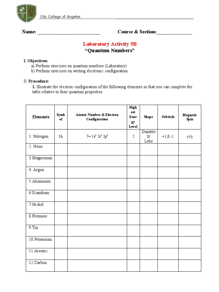 Quantum Numbers Laboratory Activity | PDF