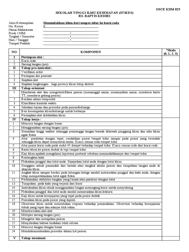 OSCE KDM 023 Mobilisasi-Memindahkan Klien Dari Tempat Tidur Ke Kursi Roda | PDF