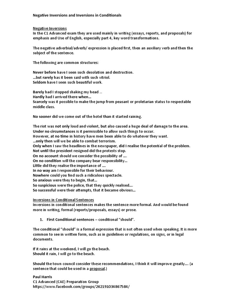 Cambridge C1 Advanced Negative Inversions | PDF | Verb | Linguistic Typology