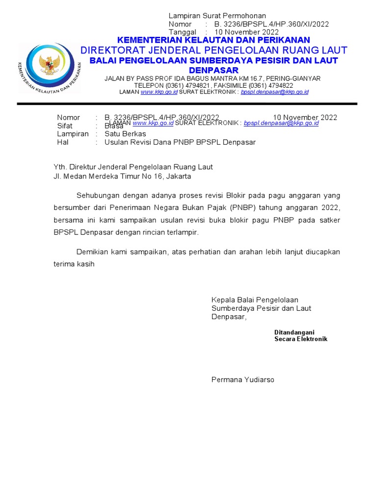 Surat Usulan Revisi PNBP BPSPL Denpasar | PDF