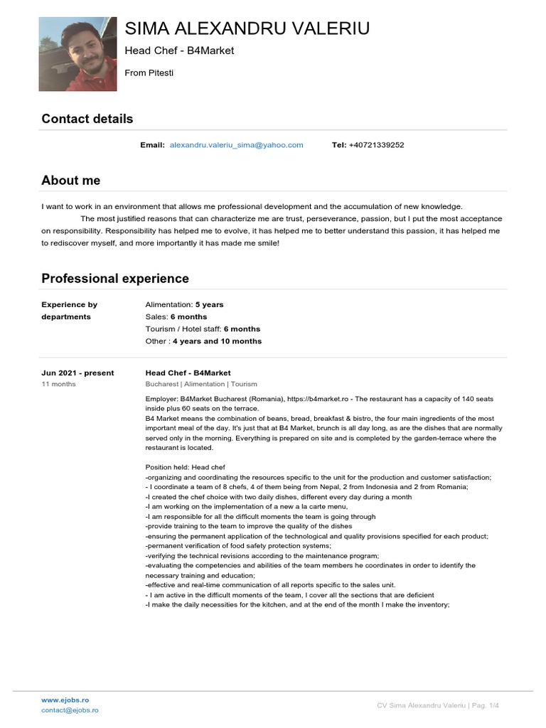 CV - Sima - Alexandru Valeriu - En-1 | PDF | Chef | Restaurants