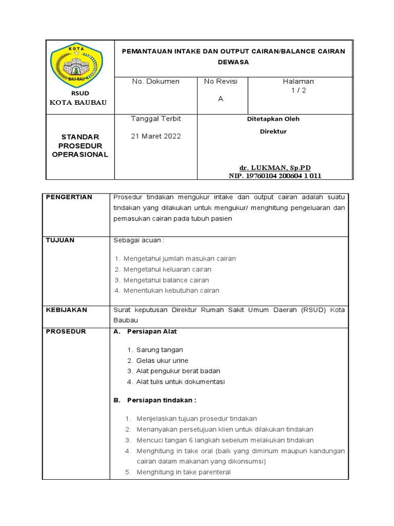 Sop Balance Output Dan Input Cairan Dewasa | PDF