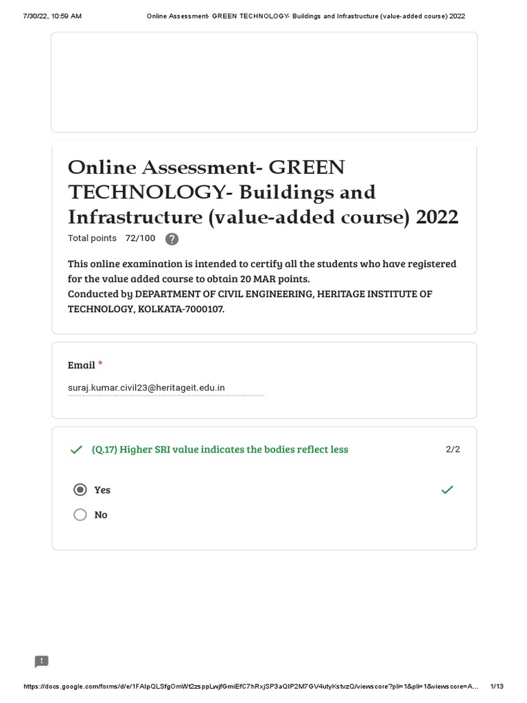 Online Assessment - GREEN TECHNOLOGY - Buildings and Infrastructure (Value-Added Course) 2022 ...