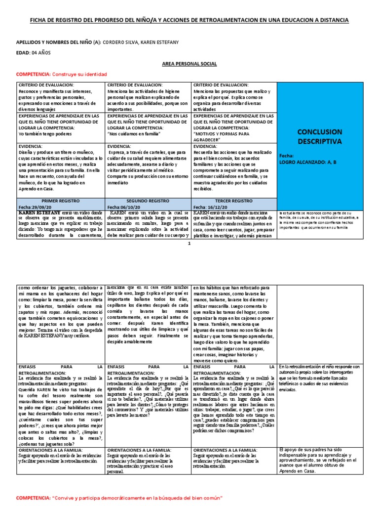 Registro del progreso y retroalimentación de una estudiante en educación a distancia | PDF ...