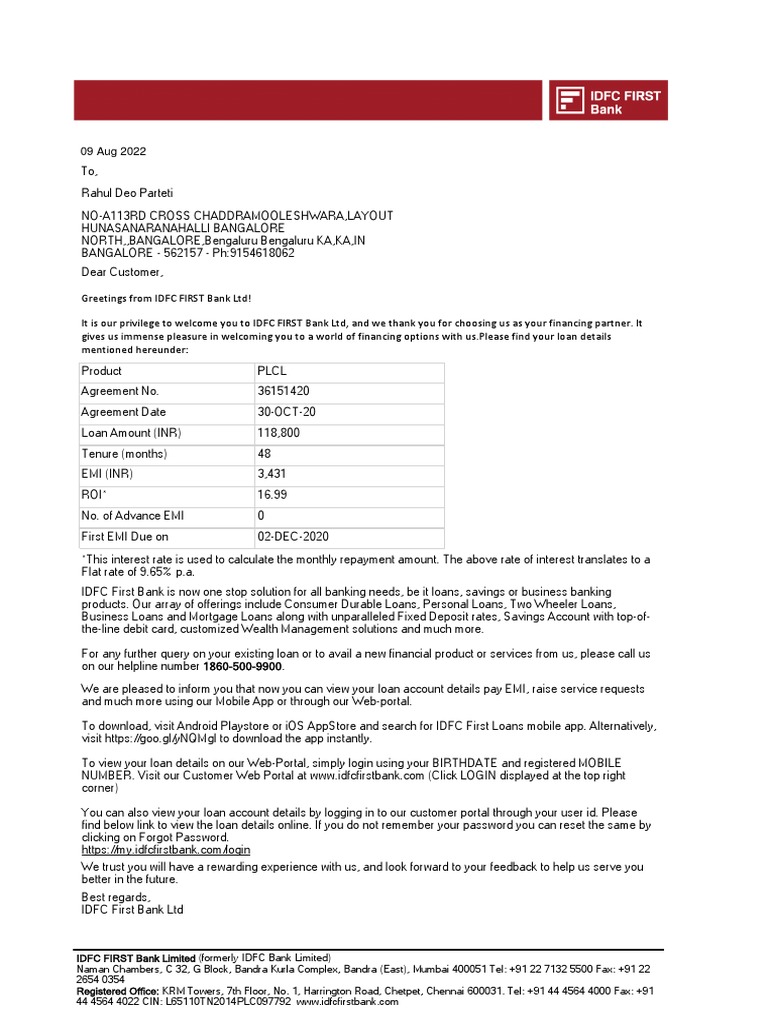 Welcome Letter - 103232320 | PDF | Banks | Loans