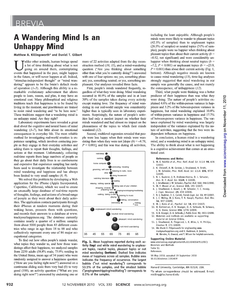 A Wandering Mind Is An Unhappy Mind | PDF