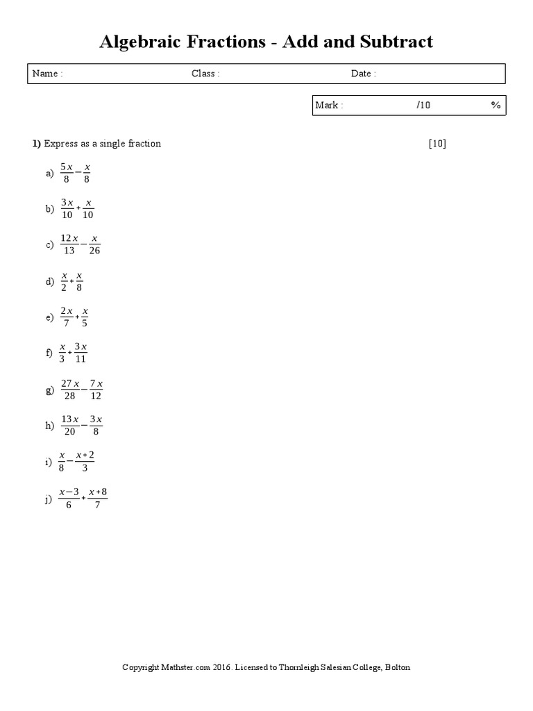 Algebraic Fractions - Add and Subtract | PDF