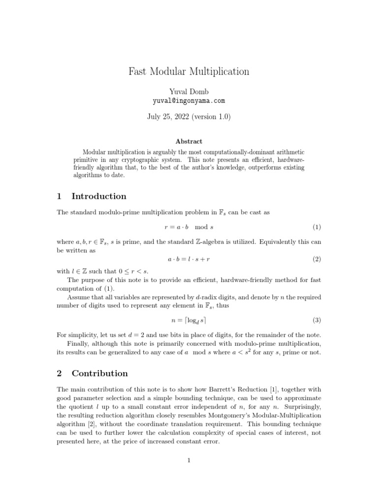 Modular Multiplication Download Free Pdf Arithmetic Mathematics