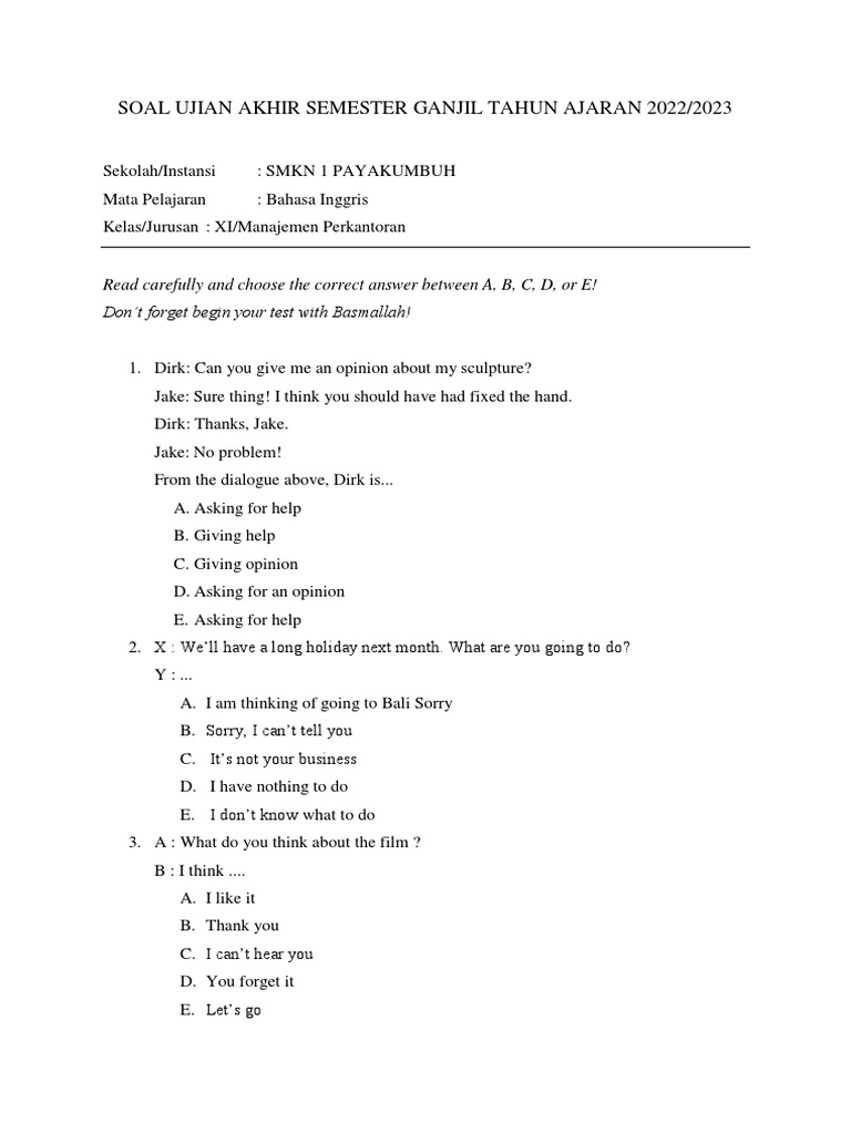 Soal Ujian Akhir Semester Ganjil Tahun Ajaran 2022 Pdf Marketing Bali