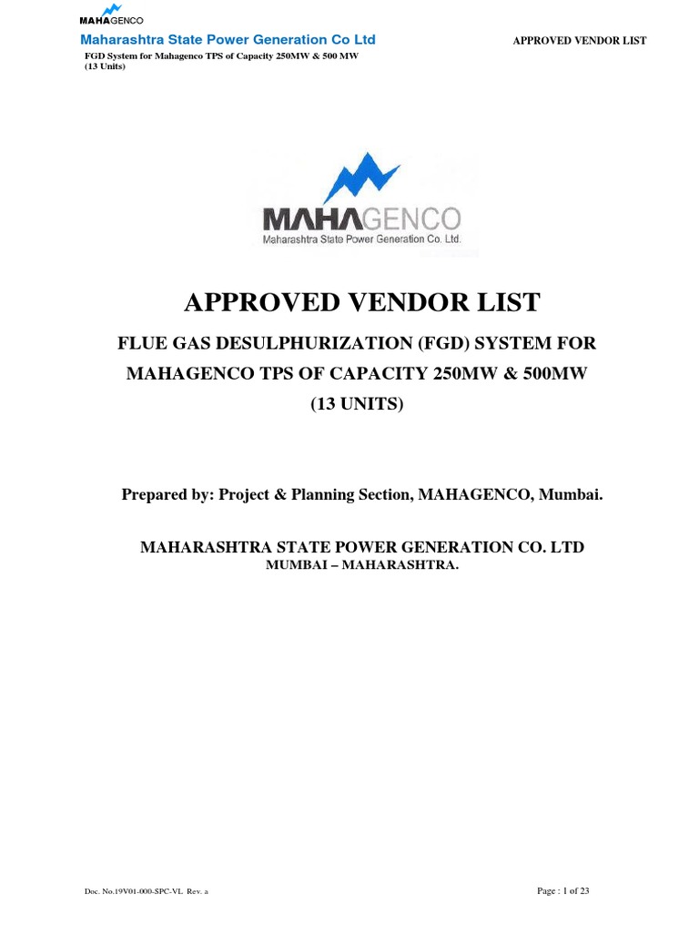 Approved Vendor List for Flue Gas Desulphurization (FGD) Systems for ...