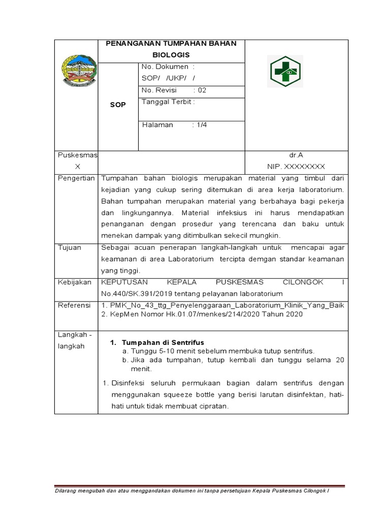 SOP Pemeriksaan Penanganan Tumpahan Dalam Centrifuge | PDF