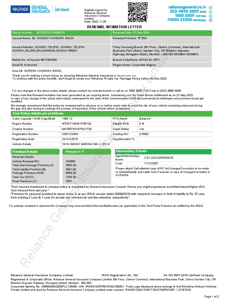 Reliance General Insurance Company Limited: Renewal Intimation Letter ...