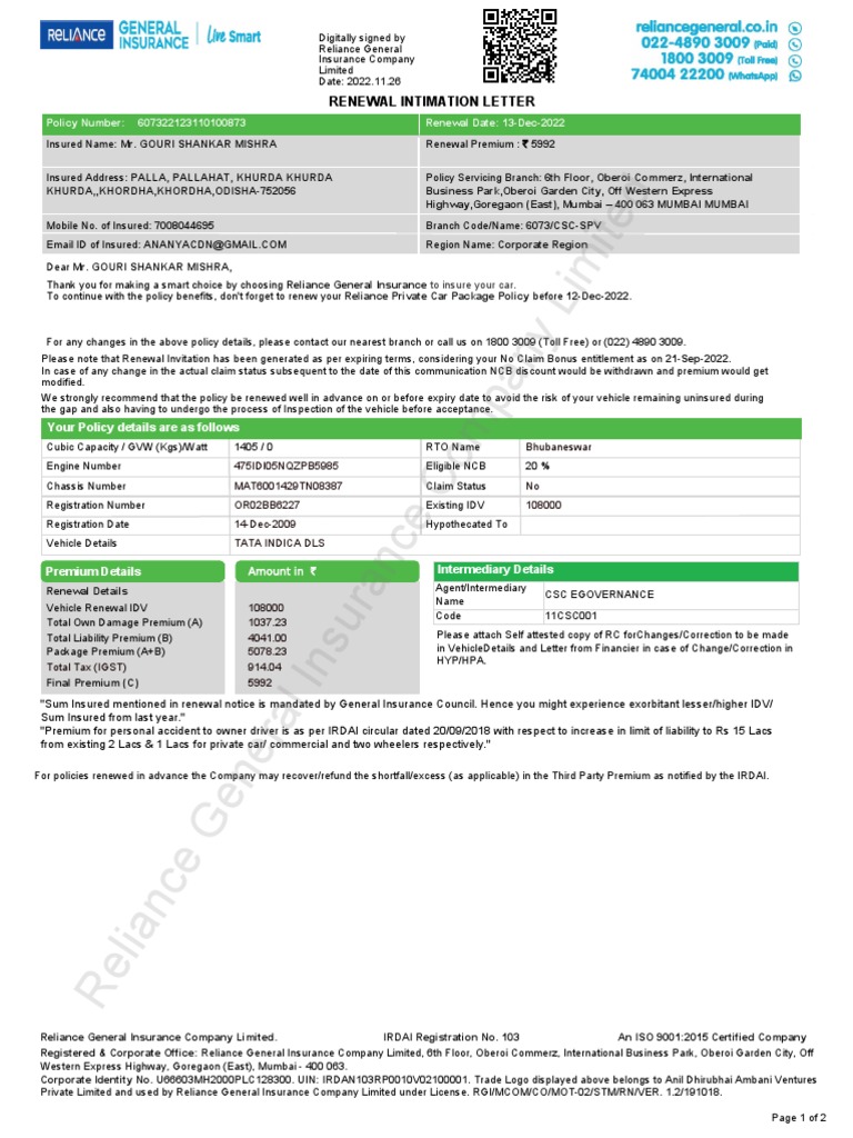 Reliance General Insurance Company Limited: Renewal Intimation Letter ...