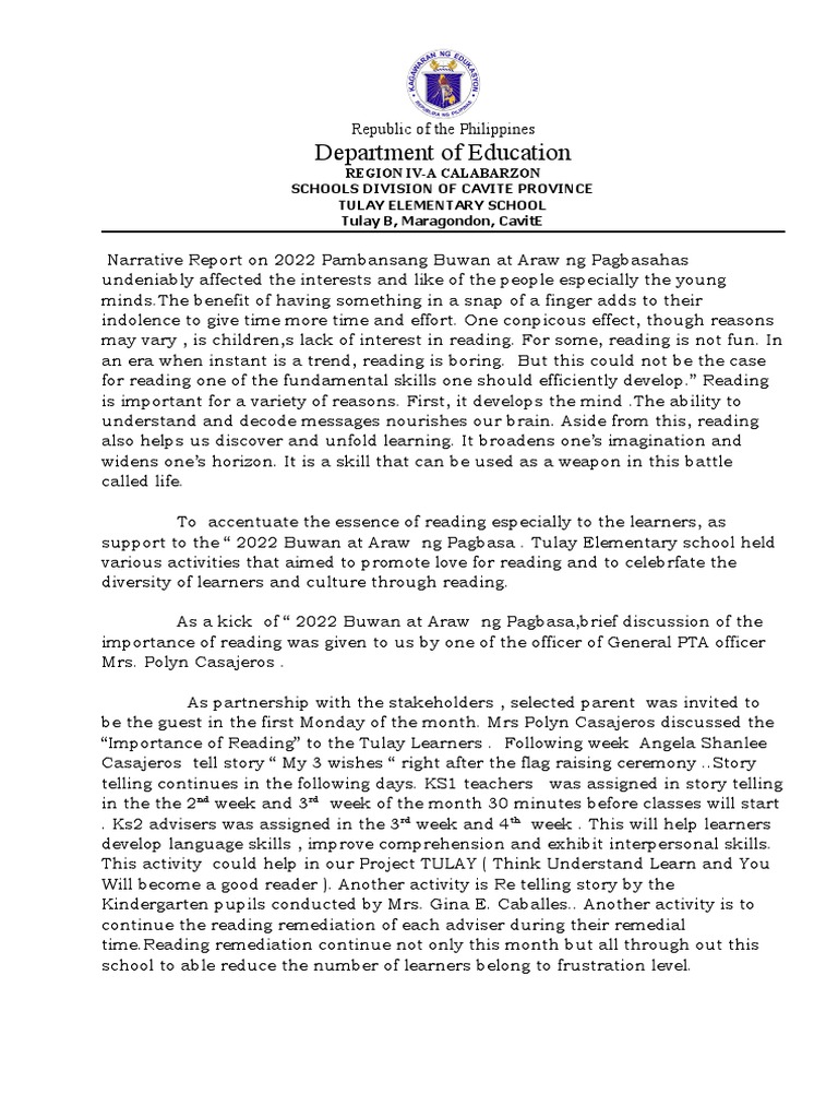 Buwan NG Pagbasa 2022 2023 NARRATIVE Copy Copy 2 | PDF | Reading Comprehension | Behavior ...