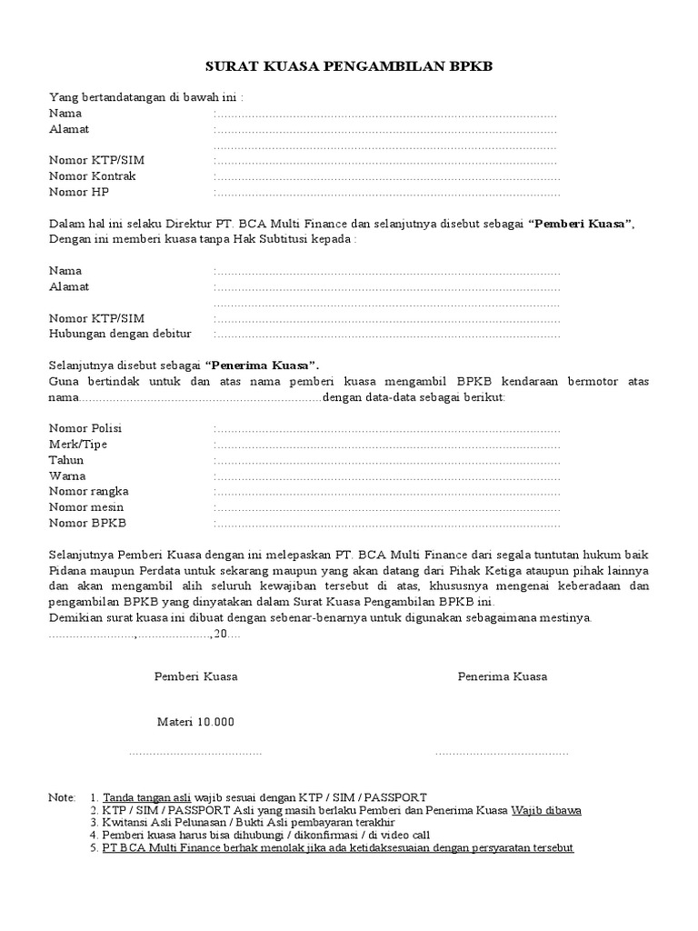 Surat Kuasa Pengambilan BPKB | PDF