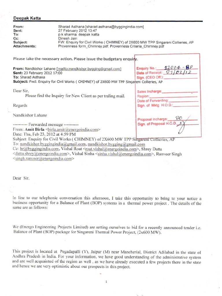 Enquiry No.12004-BP, Energo Engg. Proj.,Singareni | PDF